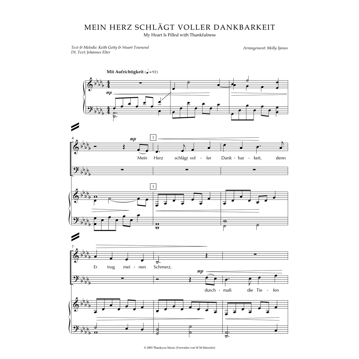 Mein Herz schlägt voller Dankbarkeit - SATB + Piano